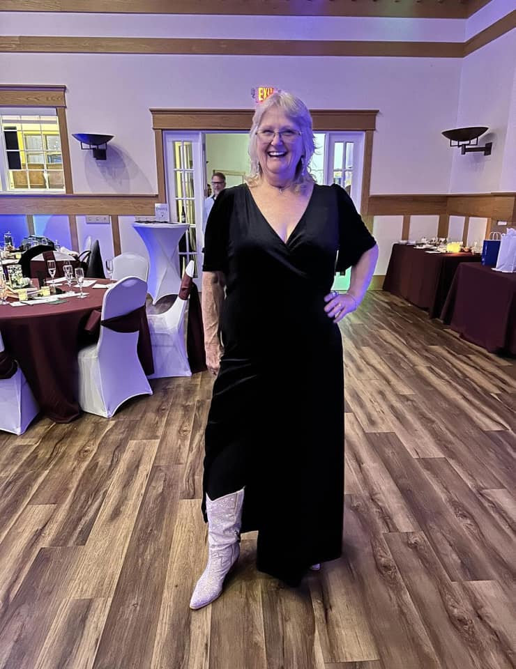 Beautiful dress and flashy rhinestone-covered footwear | Charity Crossing